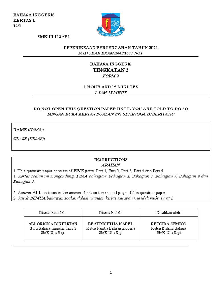 Mid Year Examination Form 2 | PDF