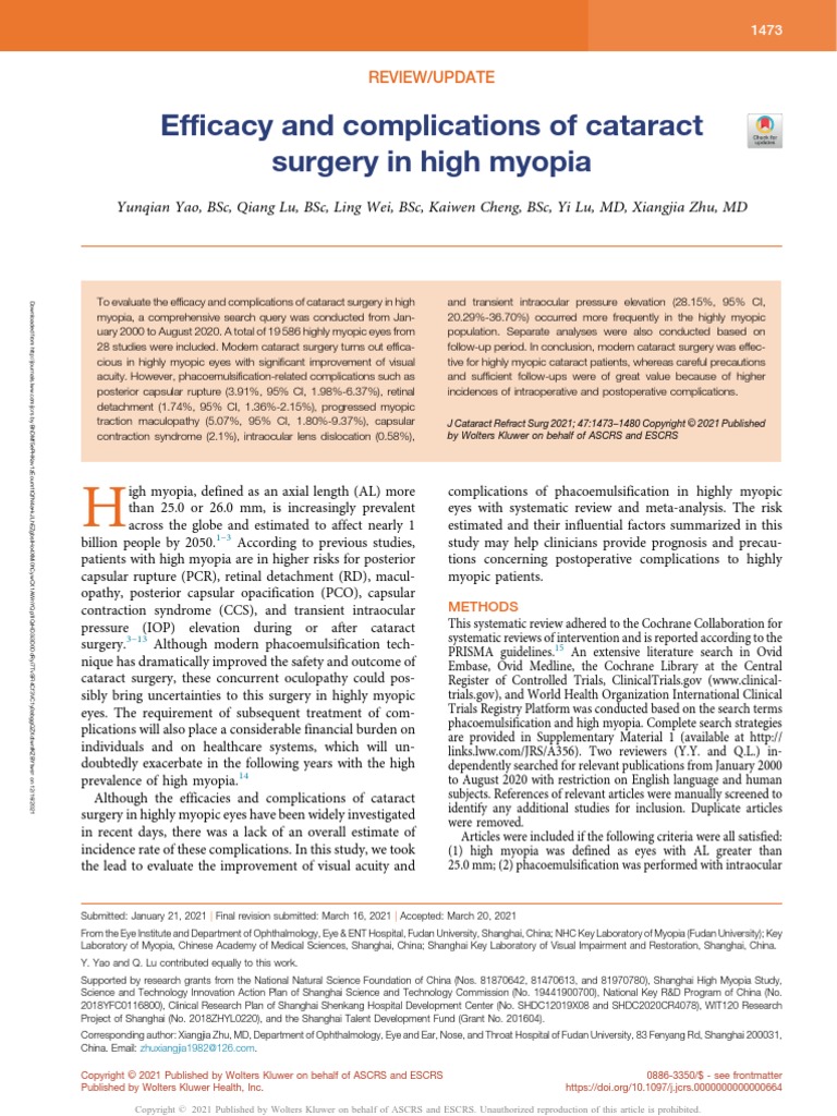 Efficacy and Complications of Cataract Surgery in High Myopia | PDF ...