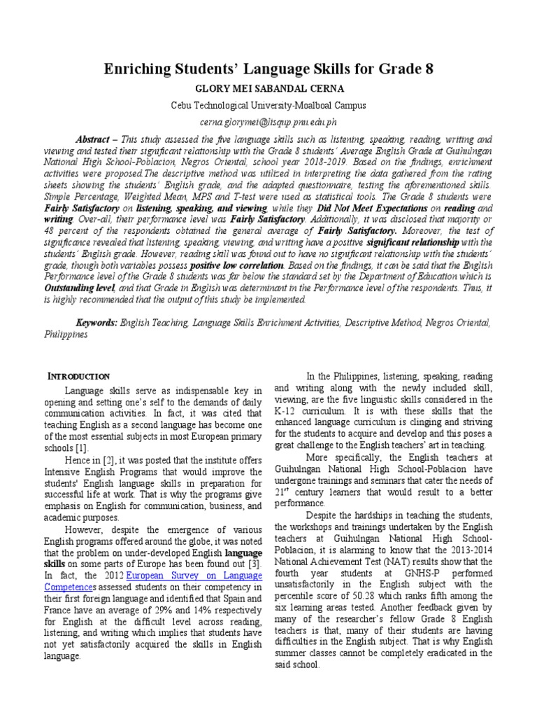 Enhancing Grade 8 Language Skills | PDF | Reading Comprehension ...