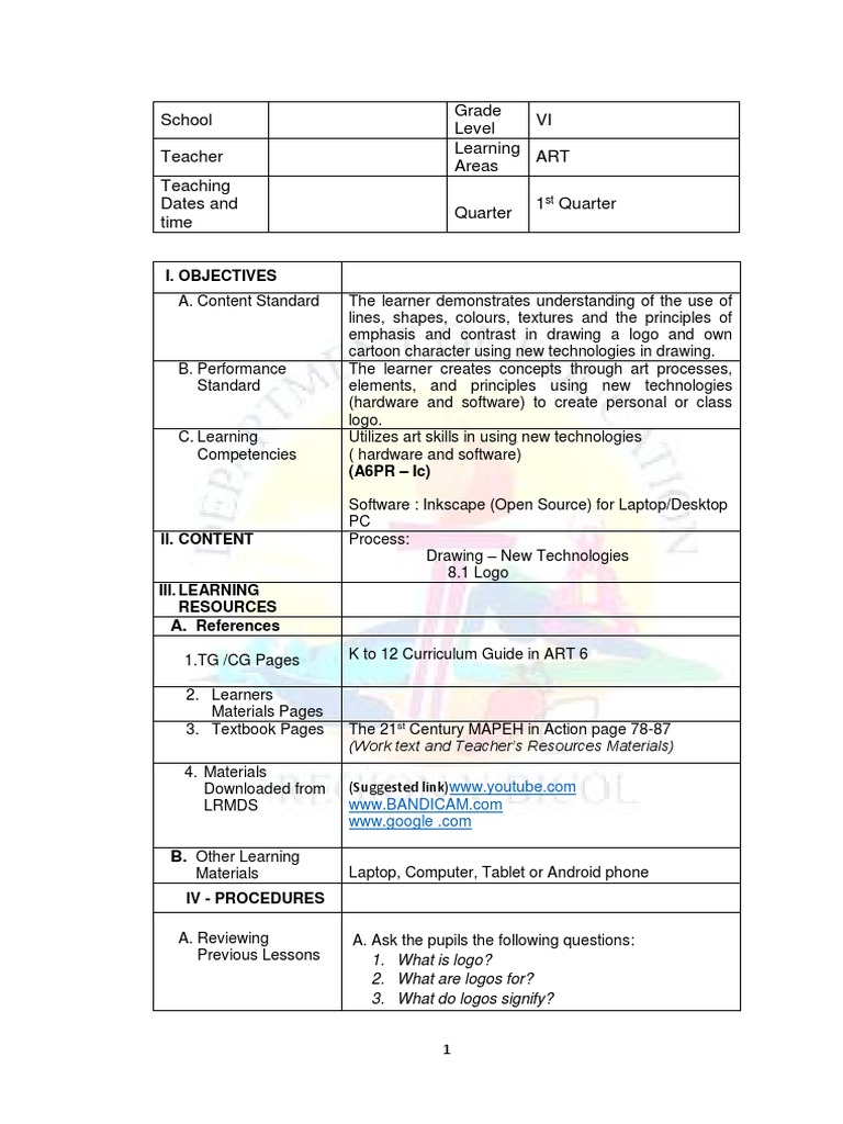 School Grade Level VI Teacher Learning Areas ART Teaching Dates and ...