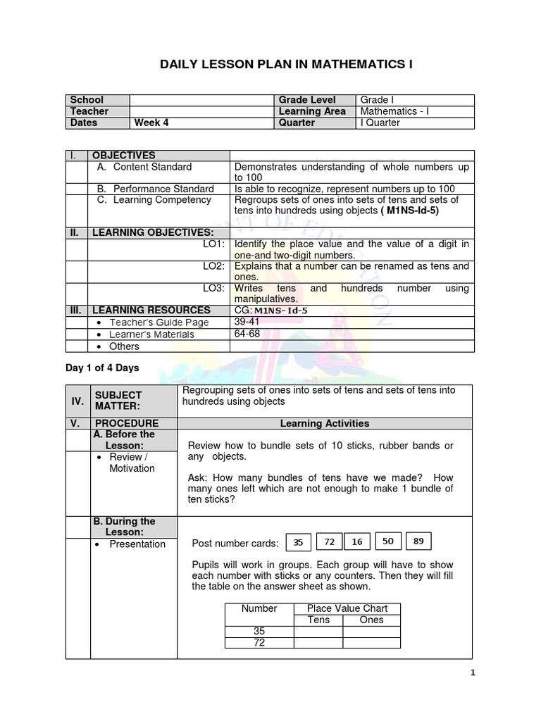 Daily Lesson Plan in Mathematics I: School Grade Level Teacher Learning ...