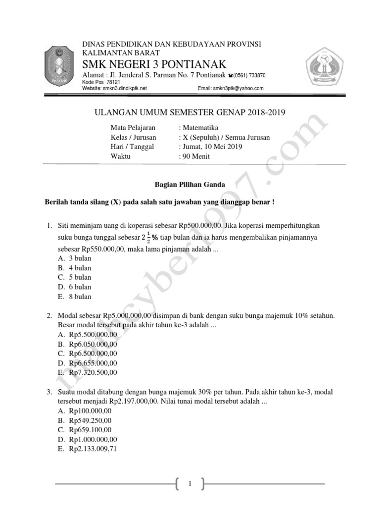 Soal Ulum MTK X Genap 2018-2019 SMKN 3 PTK | PDF | Metode & Bahan Ajar