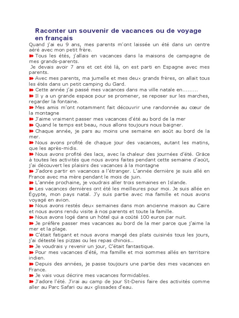Raconter Un Souvenir de Vacances Ou de Voyage en Français Delfa2 | PDF ...