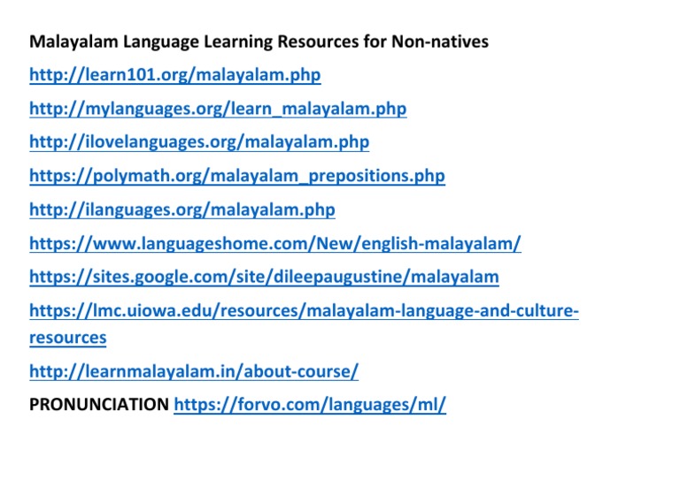 Malayalam Language Learning Resources For Non | PDF