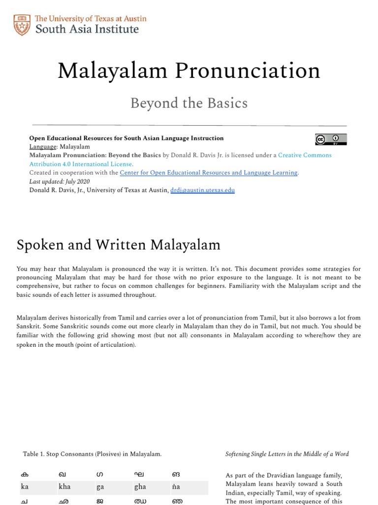 Malayalam Pronunciation Guide | PDF | Tamil Language | Vowel