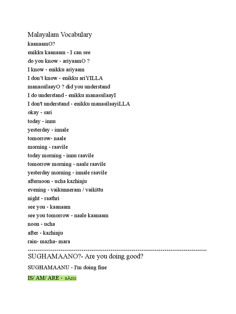 Beginner Malayalam Vocabulary Guide | PDF | Linguistics | Grammar