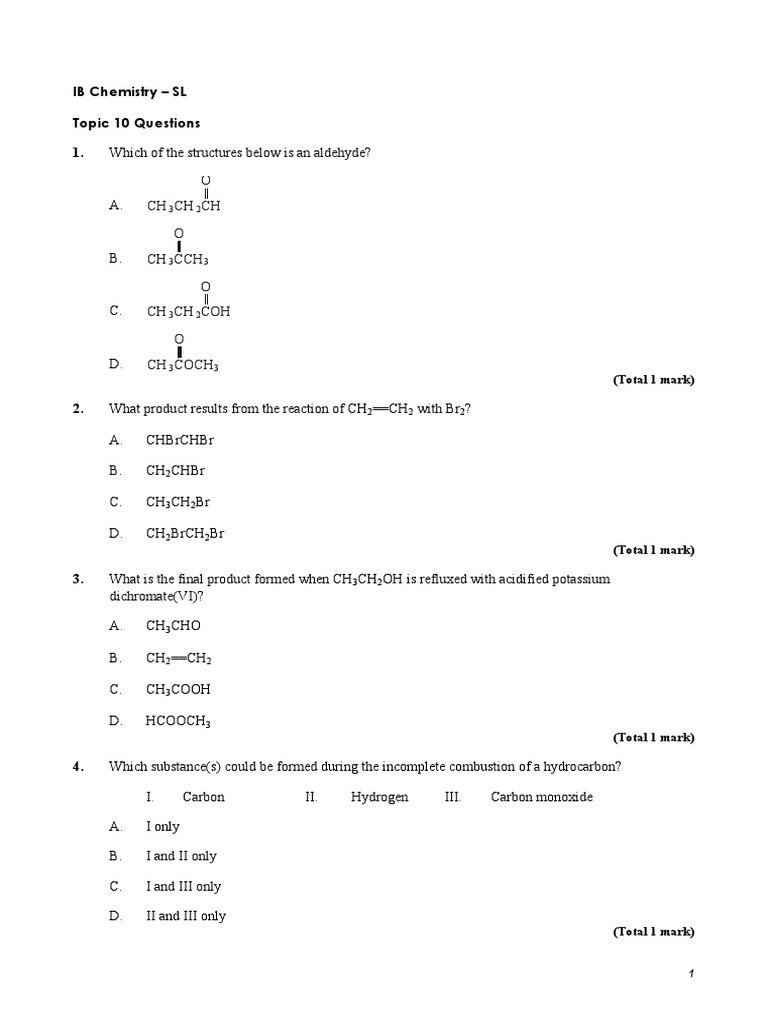 IB Chemistry SL Topic 10 Questions | PDF | Chemical Reactions | Alcohol