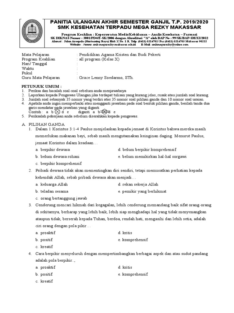 Soal Ulangan Akhir Semester 1 PAK | PDF