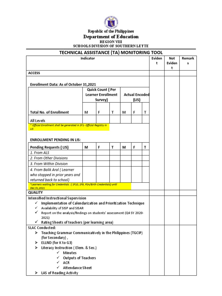 Department of Education Technical Assistance (Ta) Monitoring Tool | PDF ...