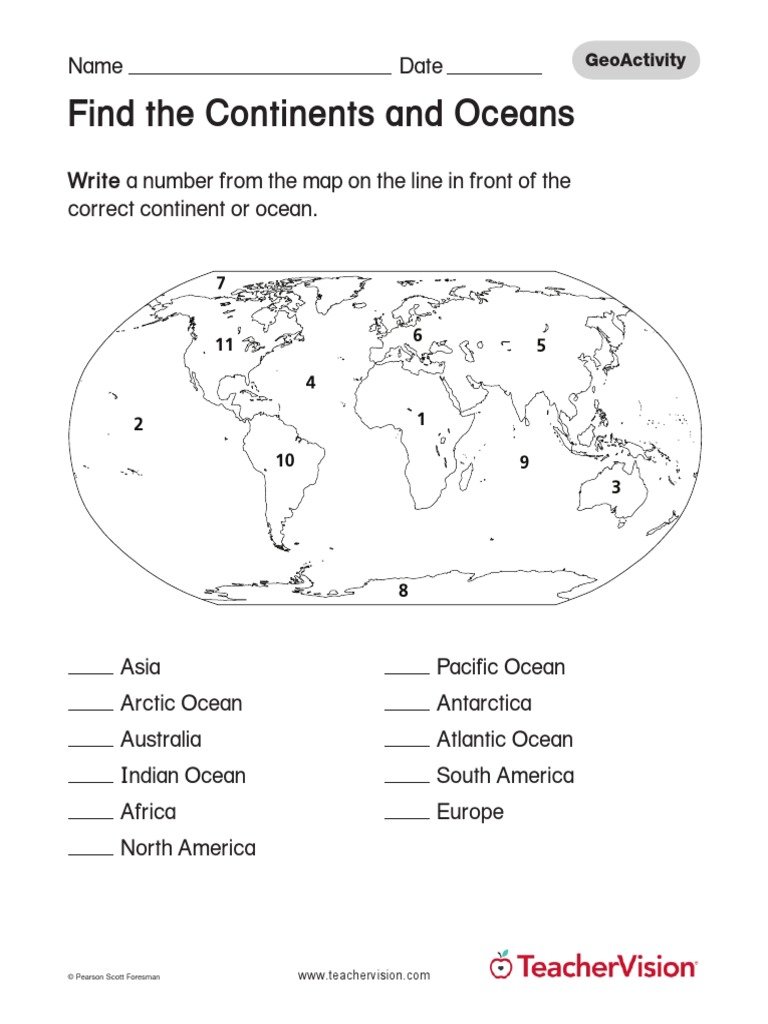 Continents and Oceans Worksheet + Key | PDF | Continent | Europe