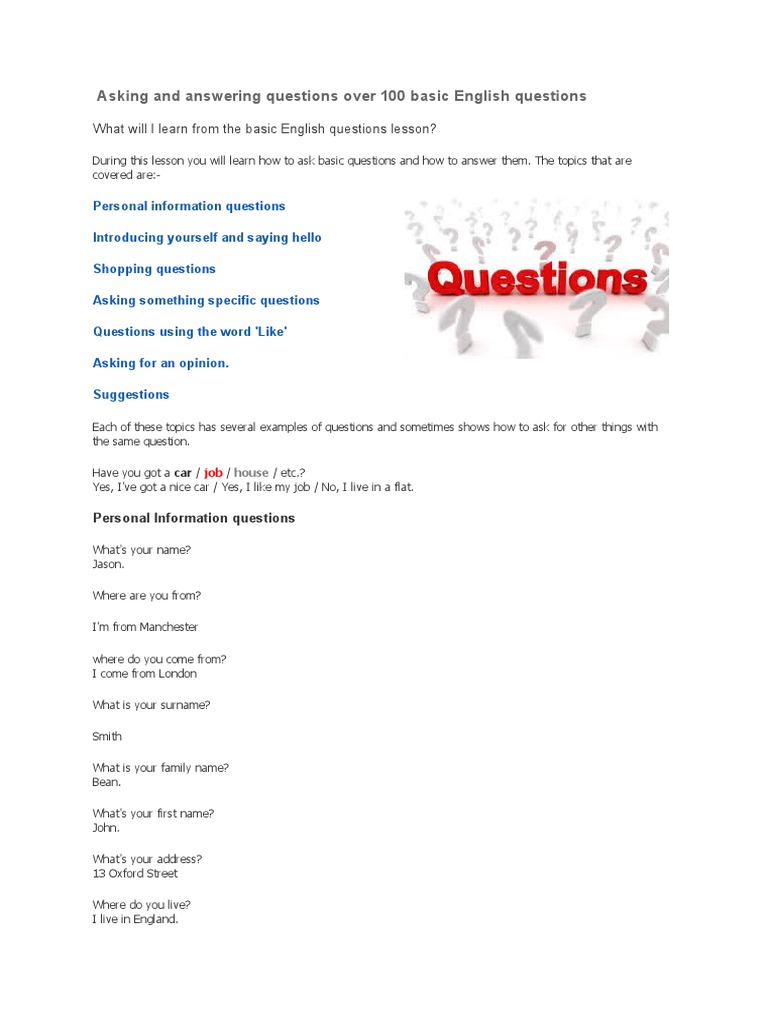 Asking and Answering Questions Over 100 Basic English Questions | PDF ...