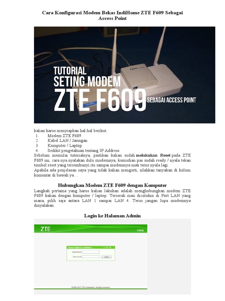 Cara Konfigurasi Modem Bekas IndiHome ZTE F609 Sebagai Access Point | PDF