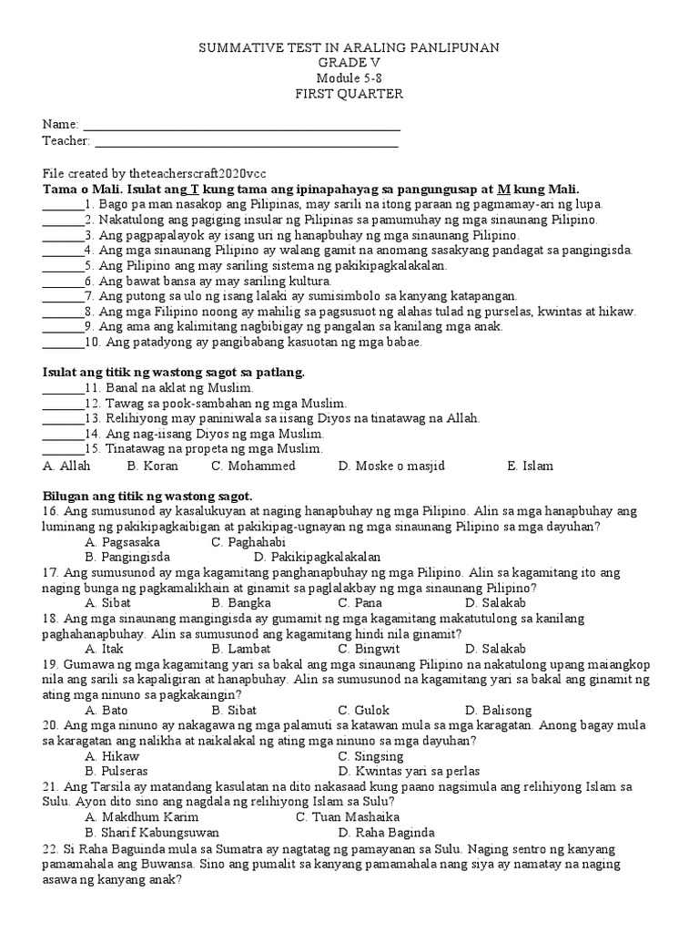 Summative Test in Araling Panlipunan | PDF