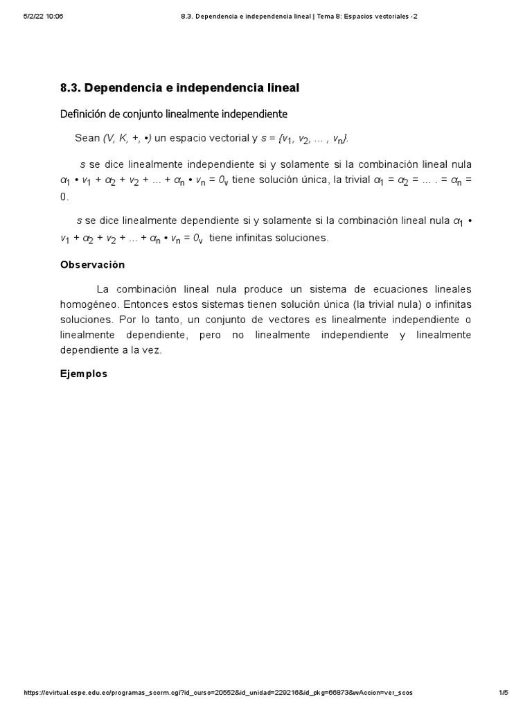 8.3. Dependencia e Independencia Lineal | PDF | Espacio vectorial | Matriz (Matemáticas)