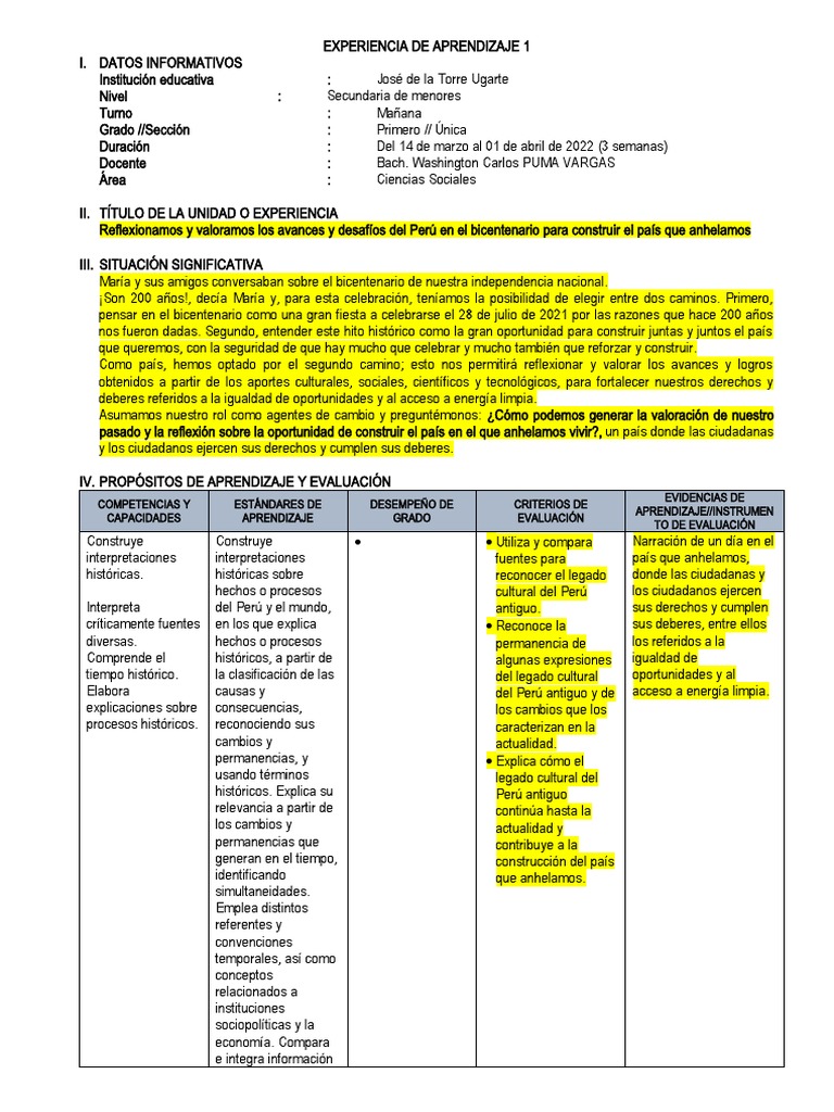 ESQUEMA UNIDAD o EXPERIENCIA DE APRENDIZAJE 1 CCSS 1° | Descargar gratis PDF | Aprendizaje ...