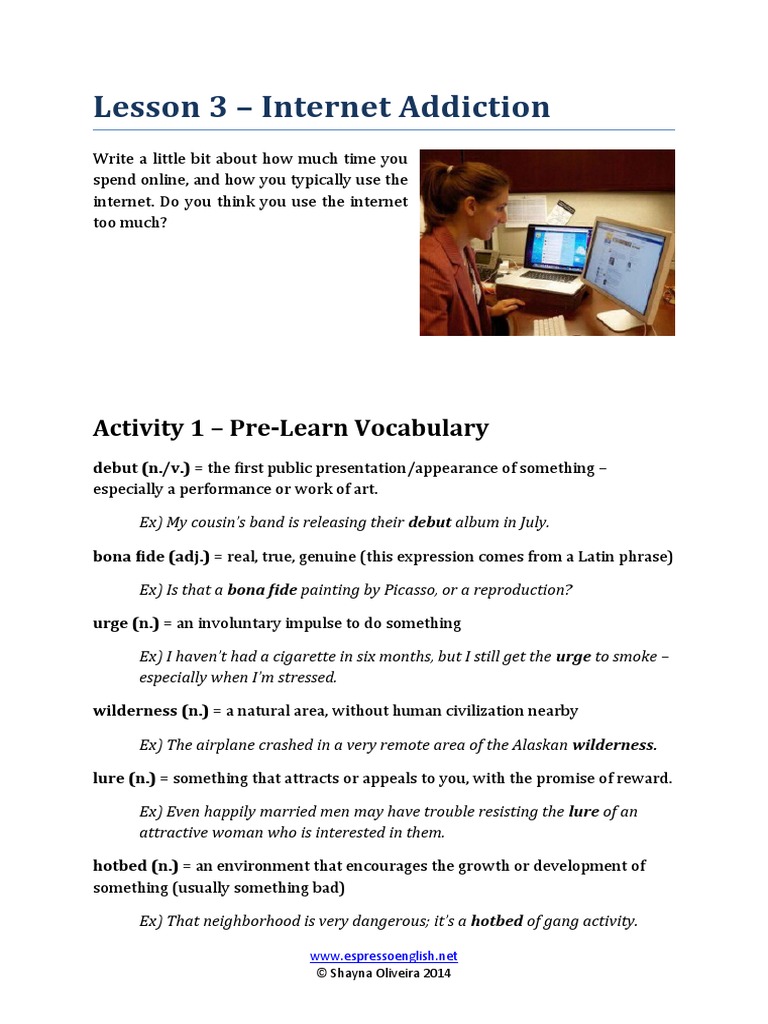 Lesson 3 - Internet Addiction: Activity 1 - Pre-Learn Vocabulary | PDF ...