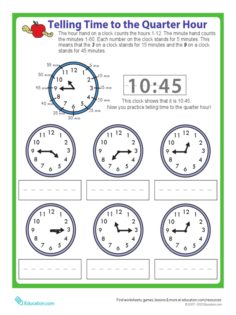 Telling Time To The Quarter Hour | PDF | Spacetime | Clock