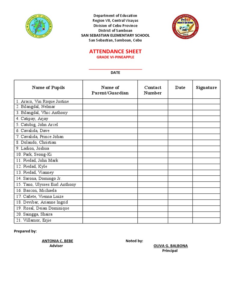 Attendance Sheet: Name of Pupils Name of Parent/Guardian Contact Number ...