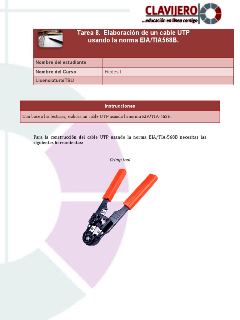 Tarea 8. Elaboración de Un Cable UTP Usando La Norma EIA/TIA568B | PDF ...