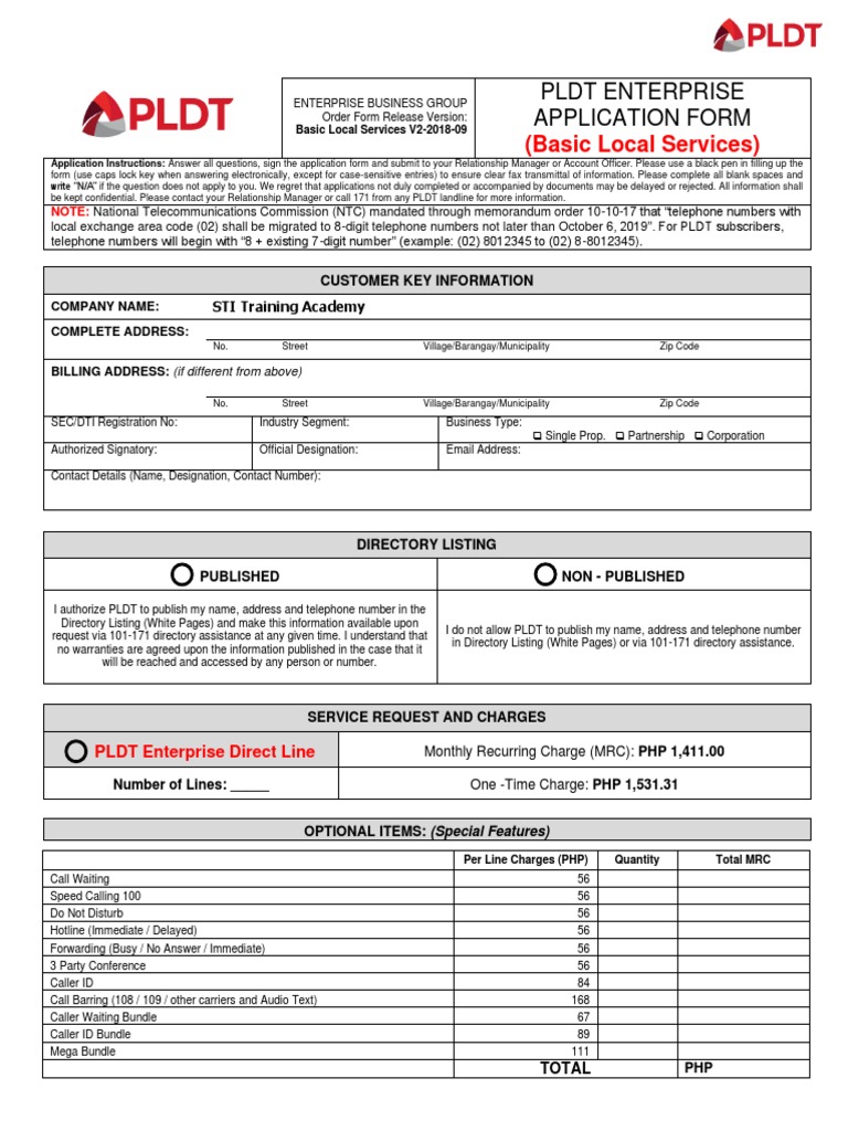 PLDT Enterprise Basic Local Services Order Form.V2 | PDF | Privacy ...