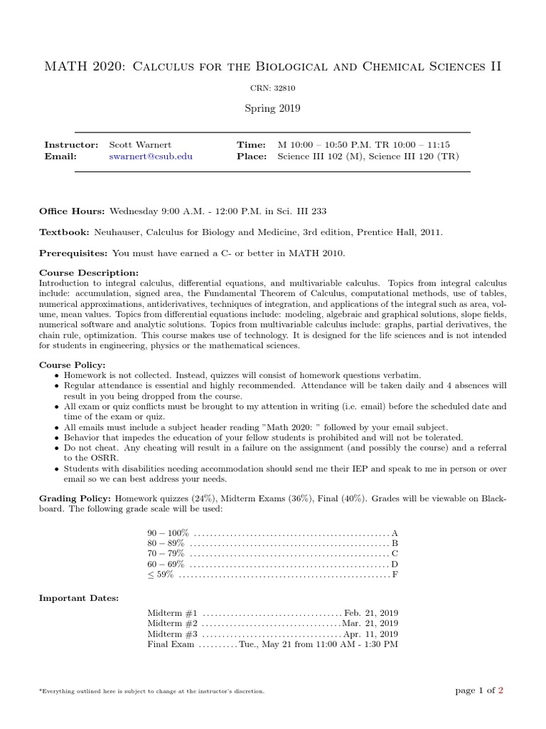 MATH 2020: Calculus For The Biological and Chemical Sciences II | PDF ...