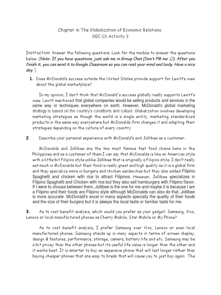 Chapter 4: The Globalization of Economic Relations GEC 03 Activity 3 ...