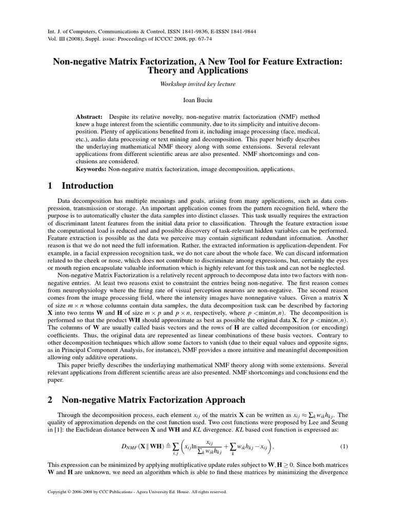 Non Negative Matrix Factorization A New Tool For Feature Extraction Theory And Applications
