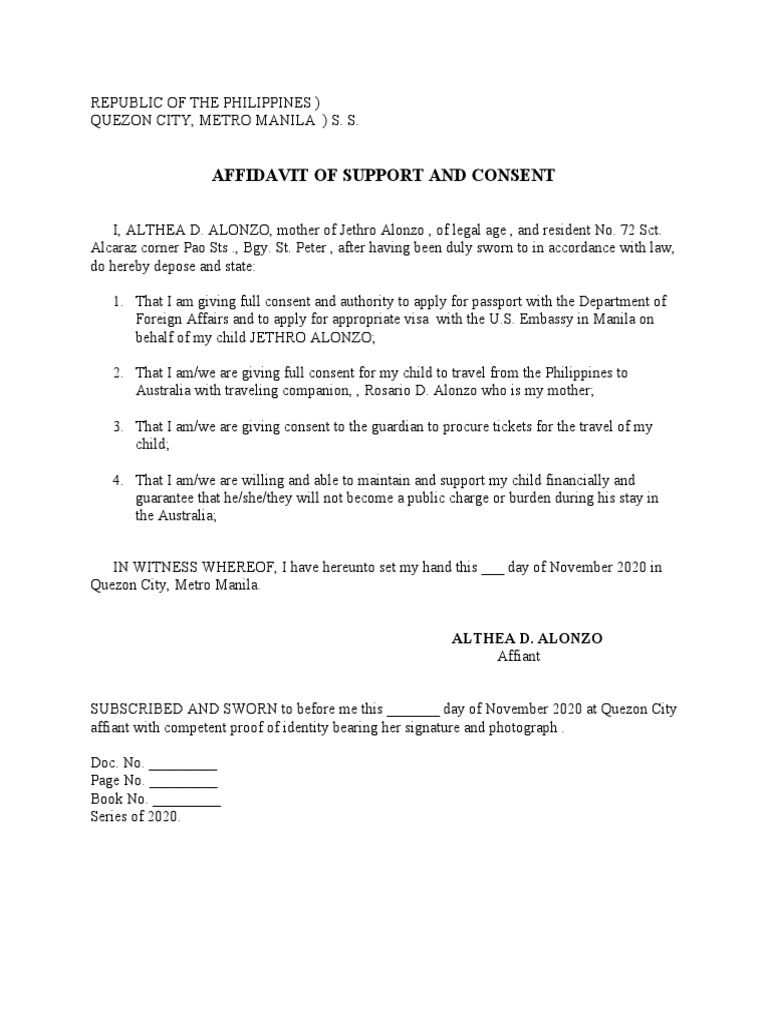 Affidavit of Support and Consent | PDF