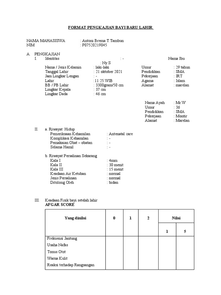 Format Pengkajian BBL (Antoni B) | PDF