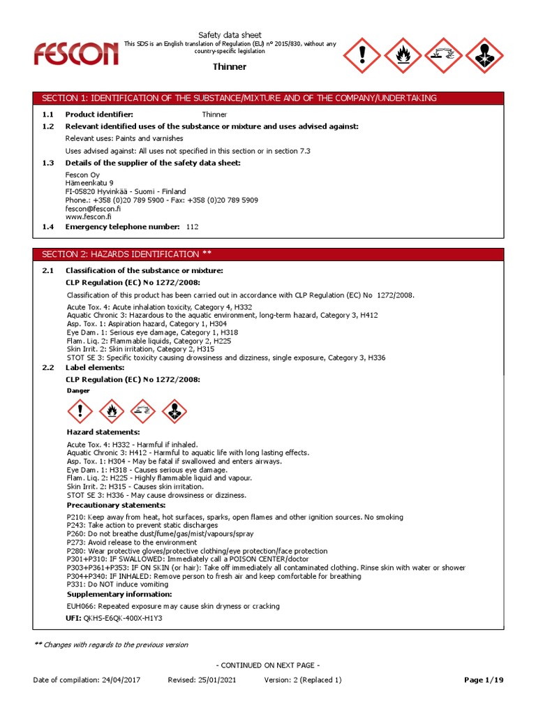 Thinner Safety Data Sheet | PDF | Chemistry | Safety