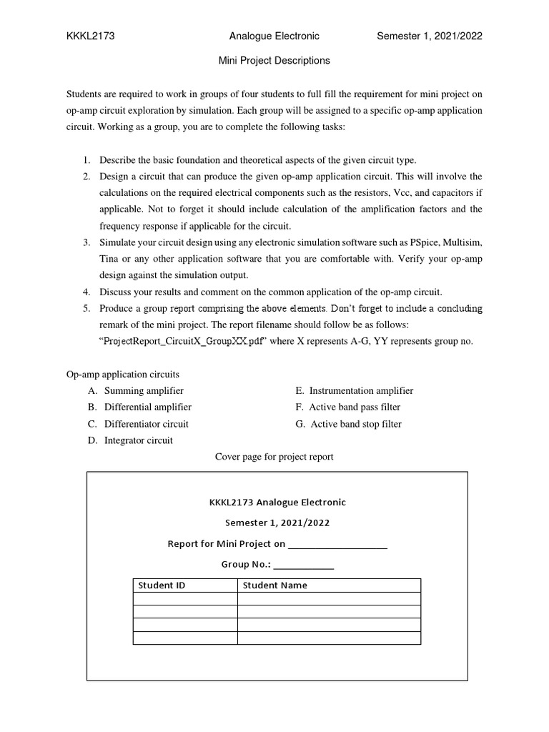 KKKL2173 Analogue Electronic Semester 1, 2021/2022 Report For Mini ...