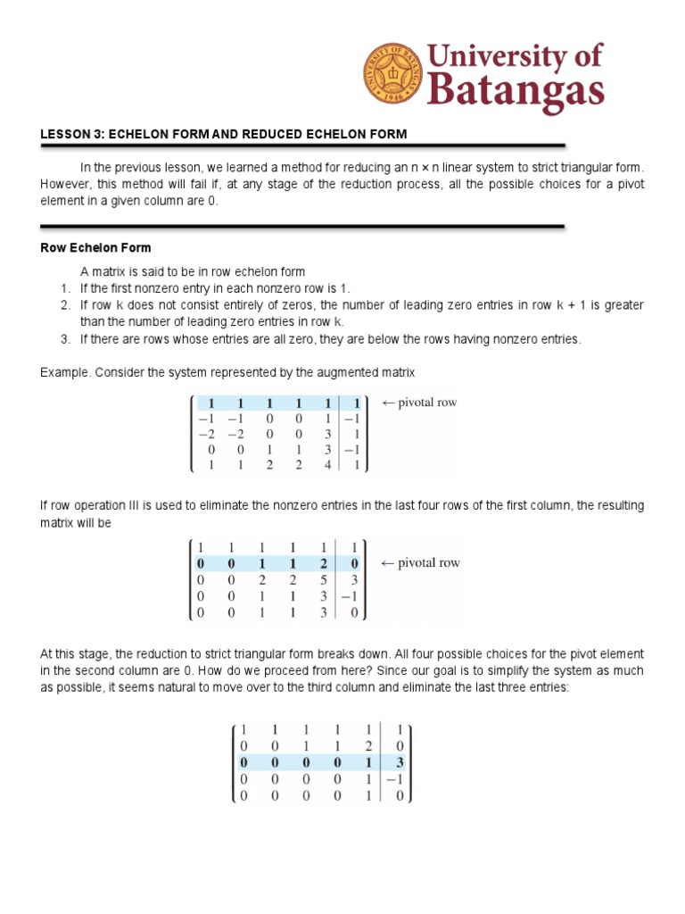 Module 1 Lesson 3 - Echelon Form and Reduced Echelon Form | PDF ...