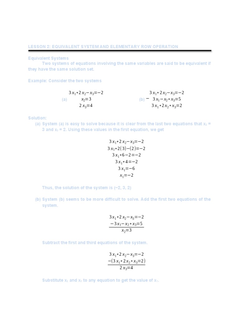 Module 1 Lesson 2 - Equivalent Systems Elementary Row Operations | PDF ...