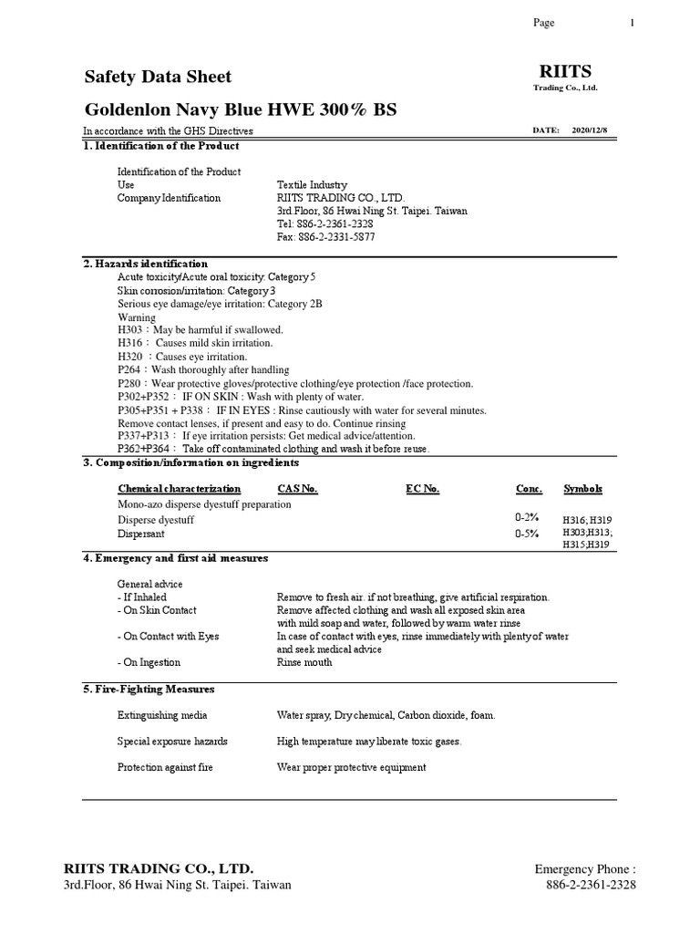 022 SDS-Goldenlon Navy Blue HWE 300% BS | PDF | Toxicity | Personal ...