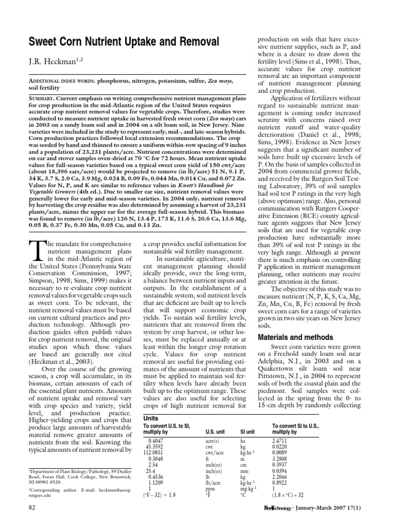 (19437714 - HortTechnology) Sweet Corn Nutrient Uptake and Removal ...