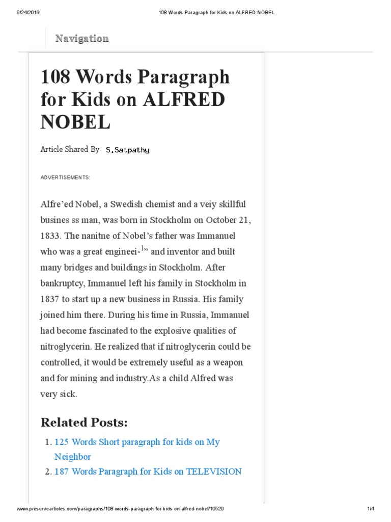 108 Words Paragraph For Kids On ALFRED NOBEL | PDF | Communication ...