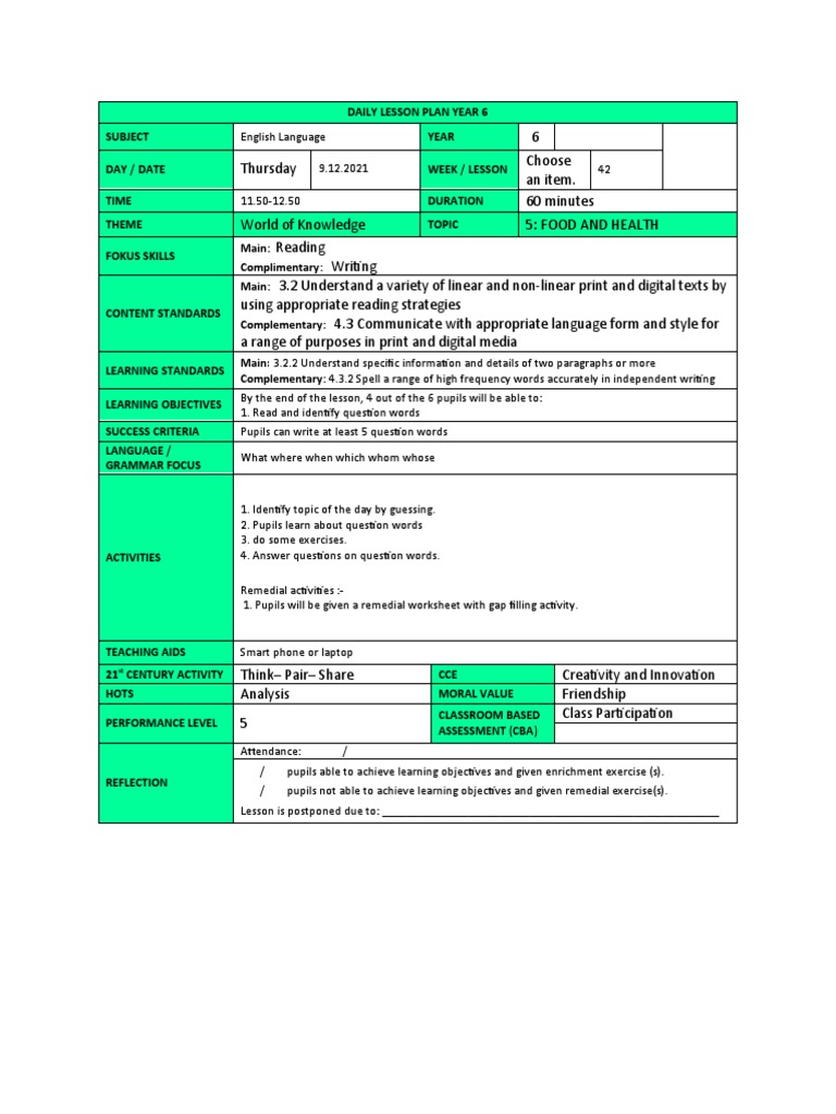 Daily Lesson Plan Year 6 | PDF | Lesson Plan | Cognition