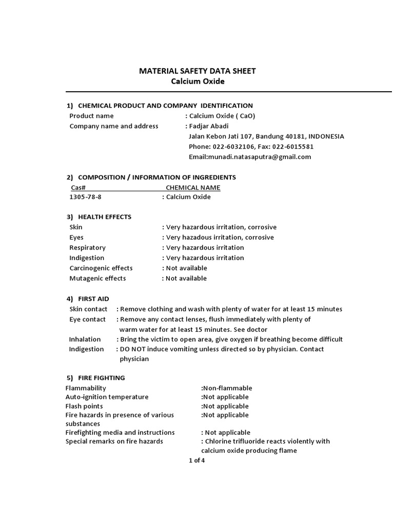 MSDS CaO FA | PDF | Water | Solubility