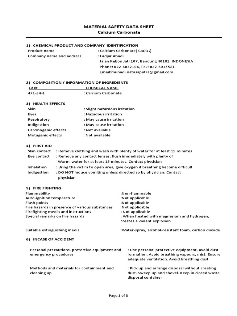 MSDS CaCO3 FA | PDF | Magnesium | Firefighting