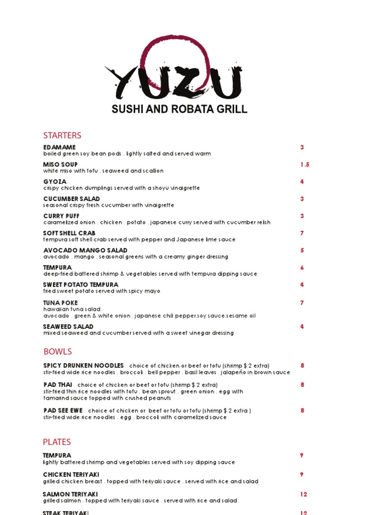 Yuzu Sushi Robata Grill Menu | PDF | Sushi | Salad