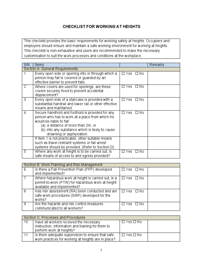 Checklist For Working at Heights | PDF | Occupational Safety And Health ...