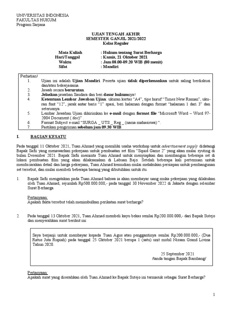 Soal UTS Mata Kuliah Hukum Surat Berharga 2021 | PDF