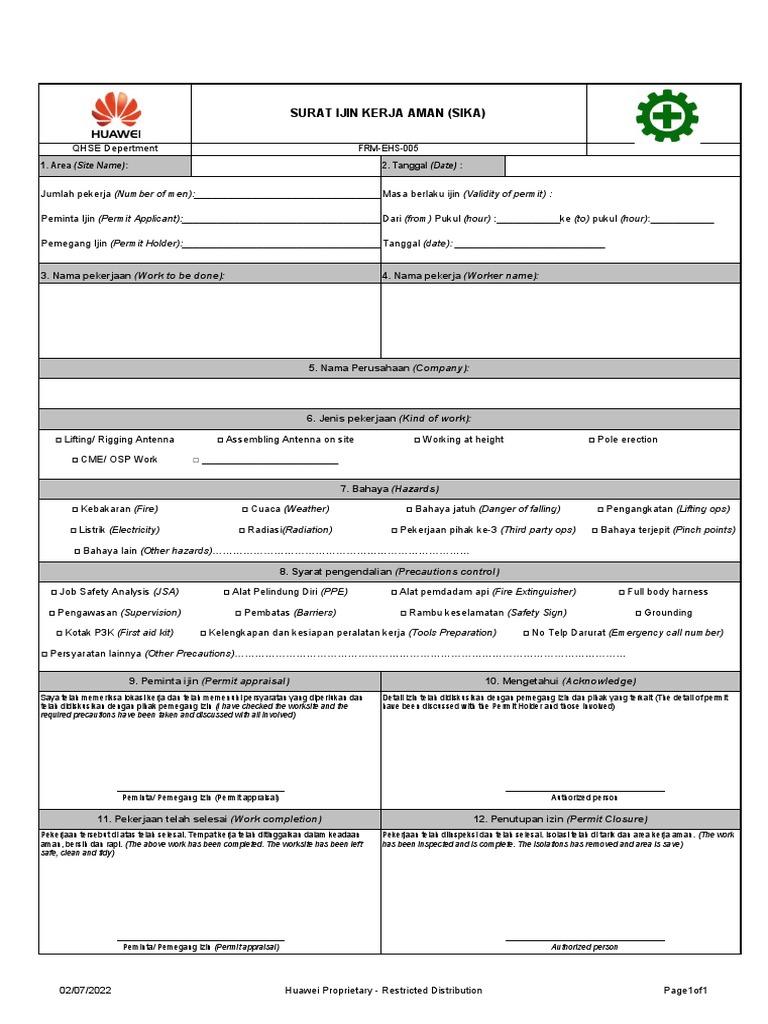 Surat Izin Kerja Aman | PDF | Hazards | Health Sciences