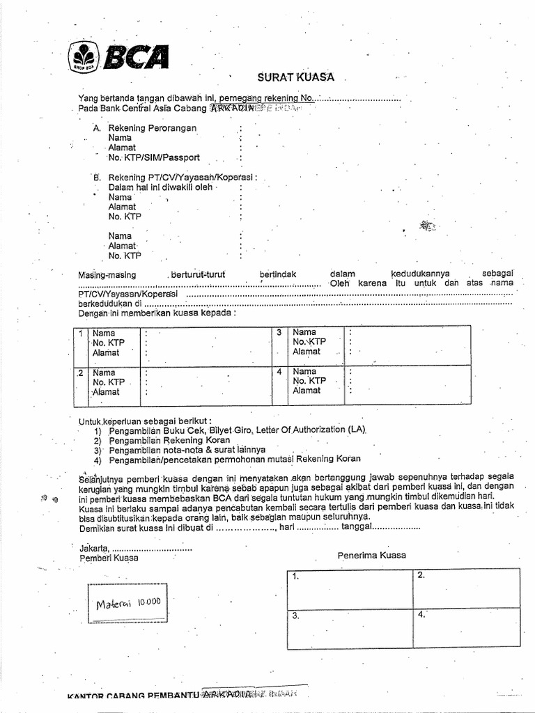 Surat Kuasa Rekening Koran | PDF