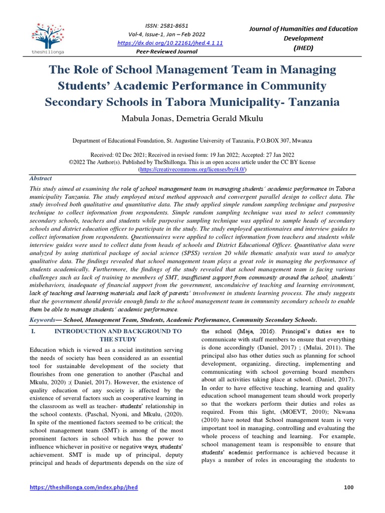 The Role of School Management Team in Managing Students' Academic ...