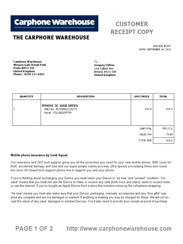 Carphone | PDF | Receipt | Smartphone