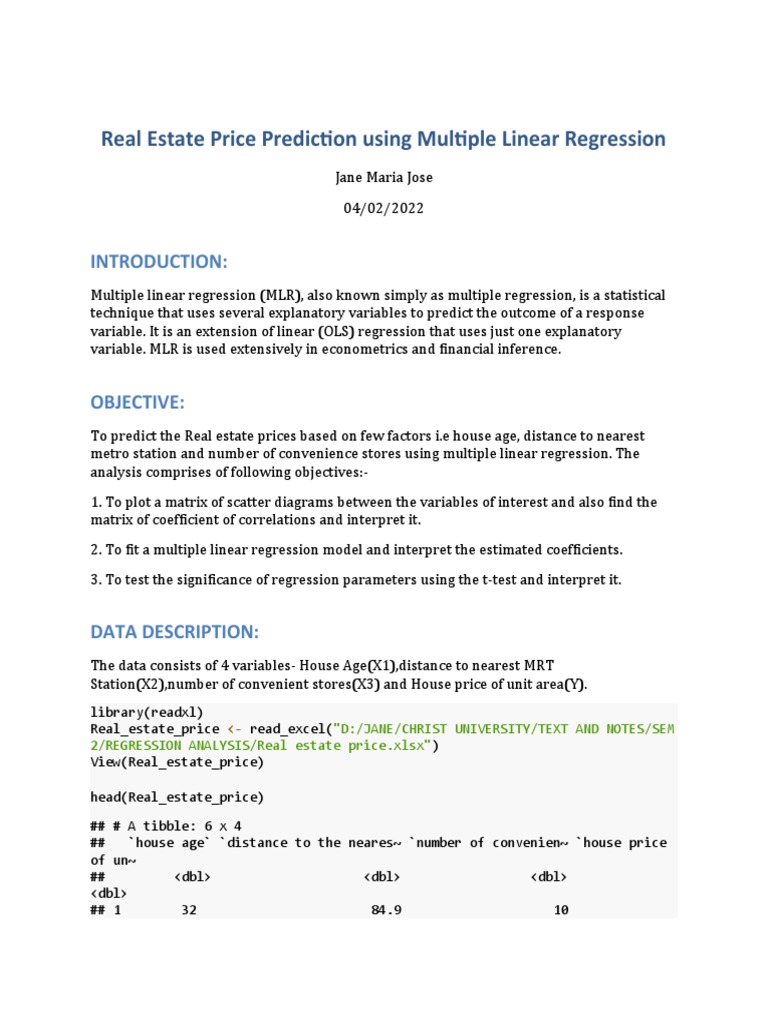 Real Estate Price Prediction Using Multiple Linear Regression | PDF | Regression Analysis ...