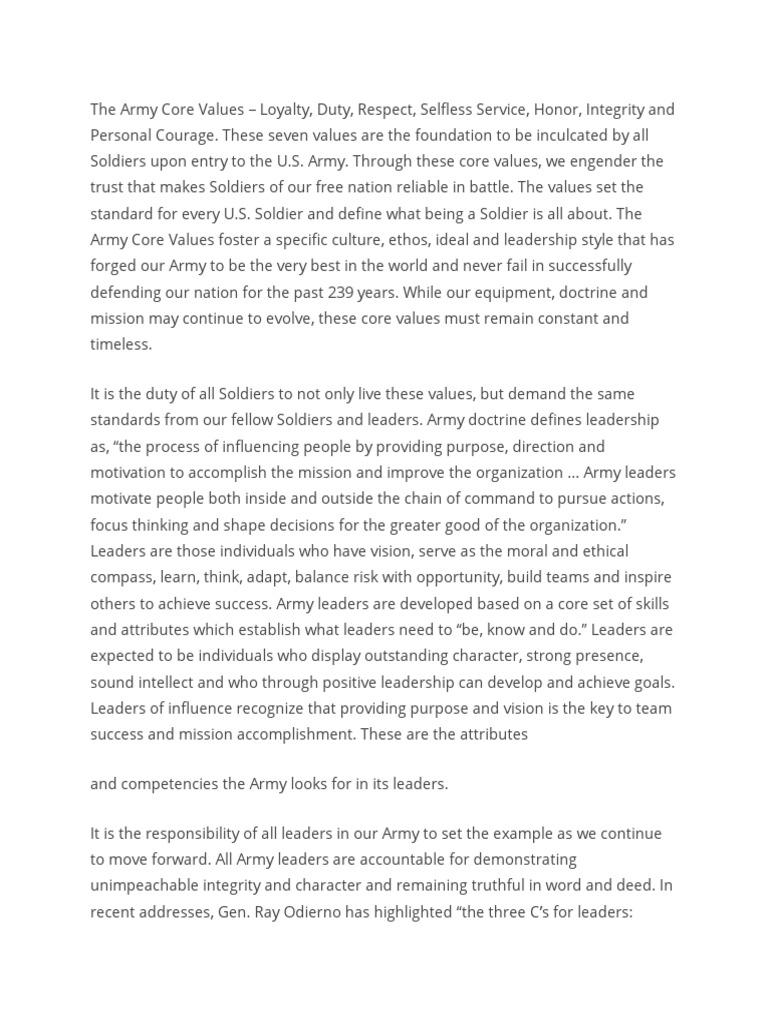 Army Core Values and Leadership Principles | PDF | Leadership | Mentorship