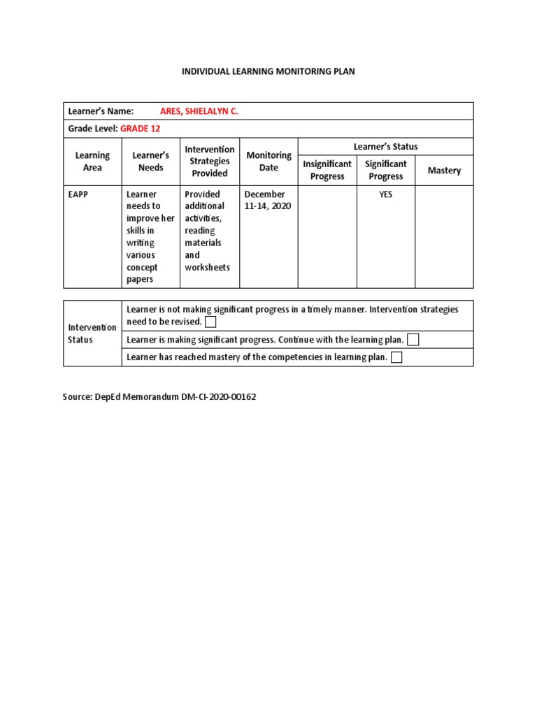 Individual Learning Monitoring Plan Template | PDF | Learning | Applied ...
