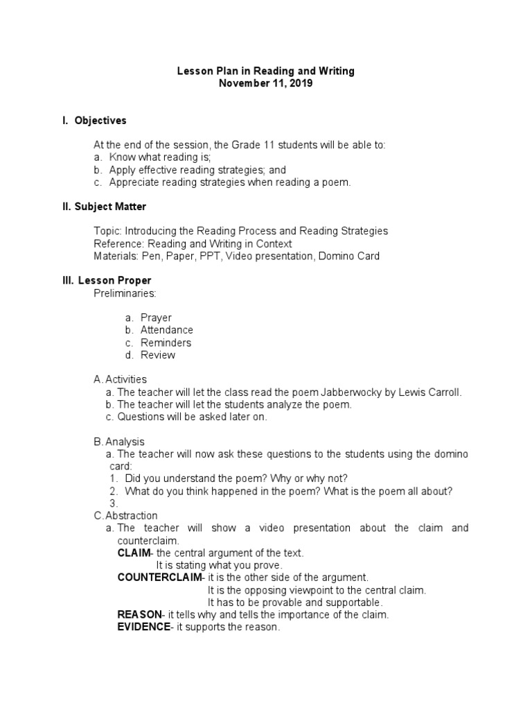 LP For Reading Process and Reading Strategies | PDF | Lesson Plan ...